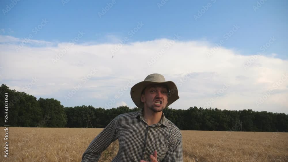 Young angry farmer running to camera through the wheat field and trying ...
