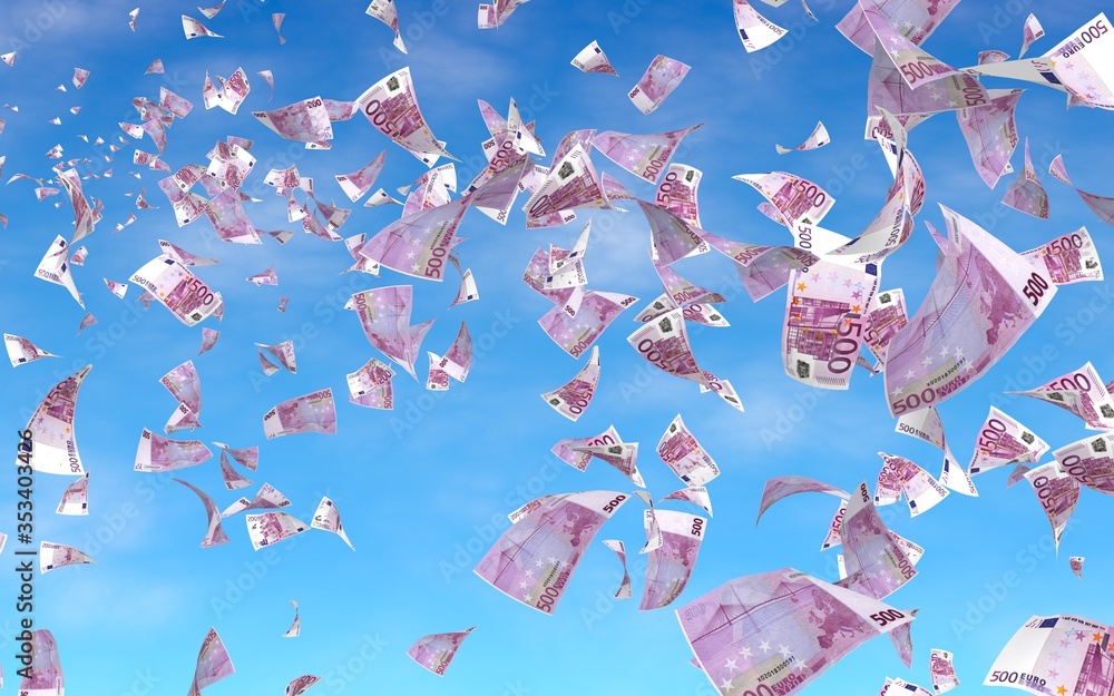 Flying euro banknotes against the sky background. Money is flying in ...