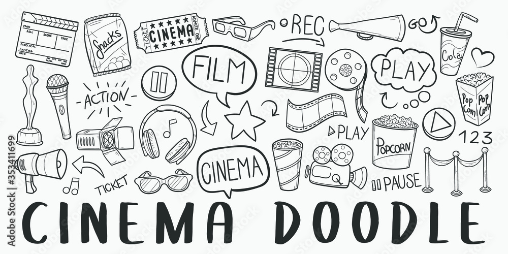 Cinema Doodle Line Art Illustration. Hand Drawn Vector Clip Art. Banner ...