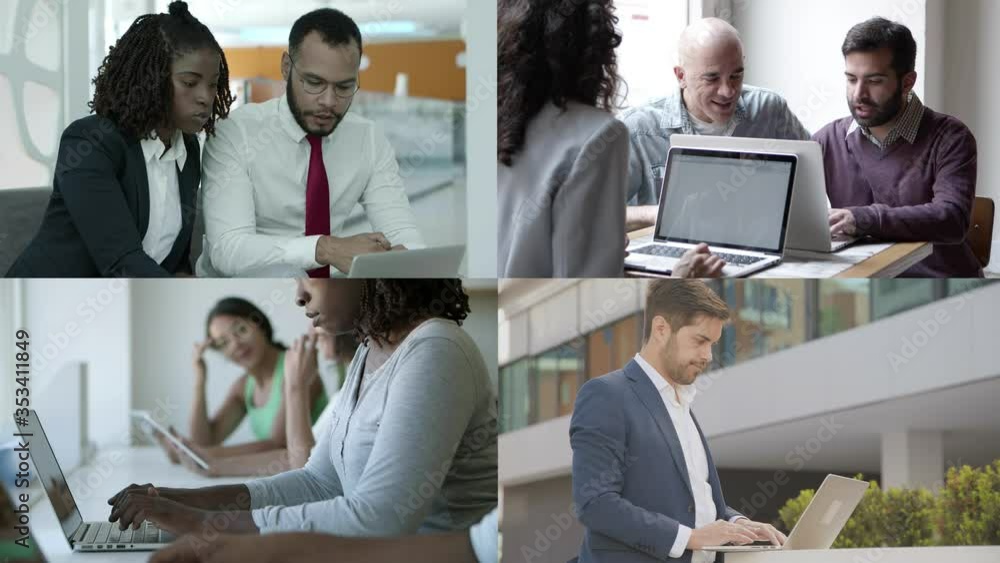 Managers using laptops for work, discussing projects, sharing ideas ...