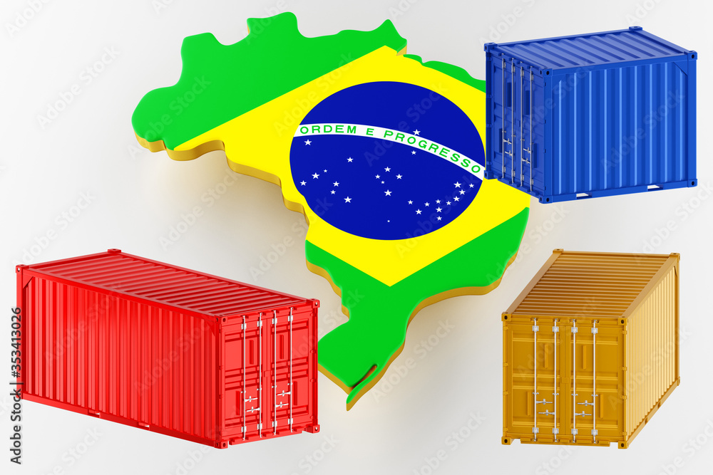 3D map of Brazil. Freight shipping in containers. Export from the ...