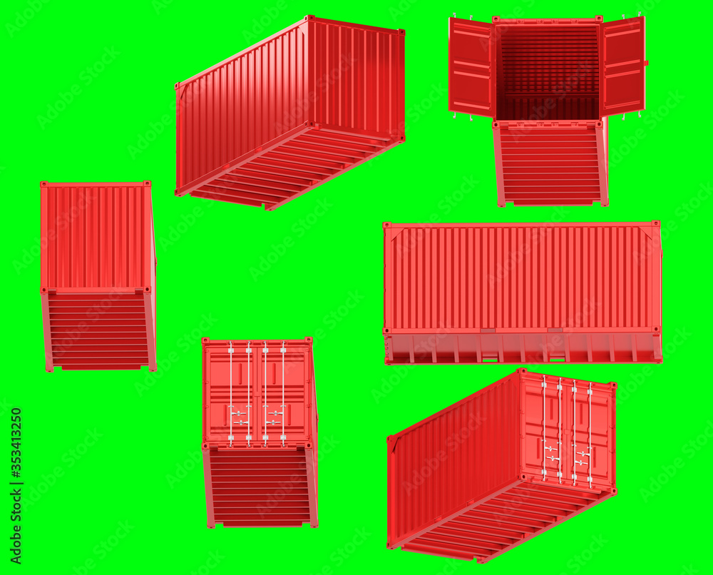 A high quality image of a red 20ft shipping container on a green ...