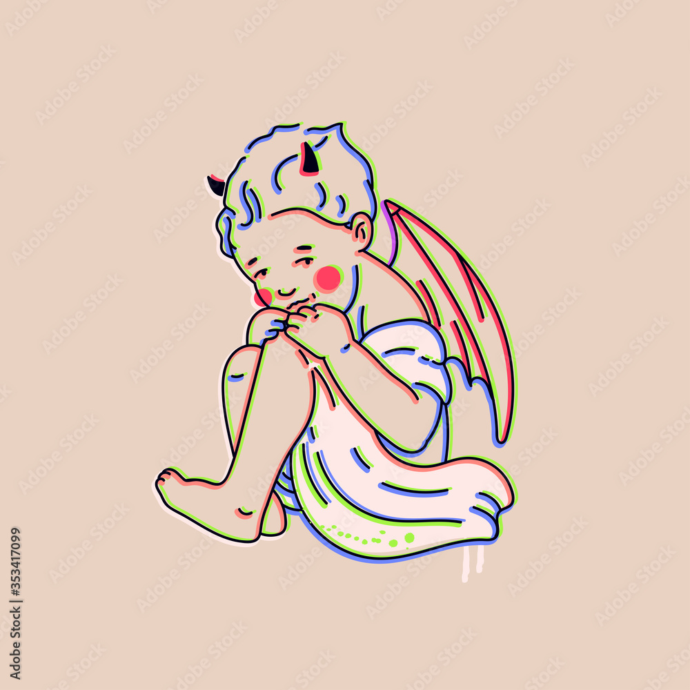 Newborn cute little Baby with demon wings and horns. Art for design ...