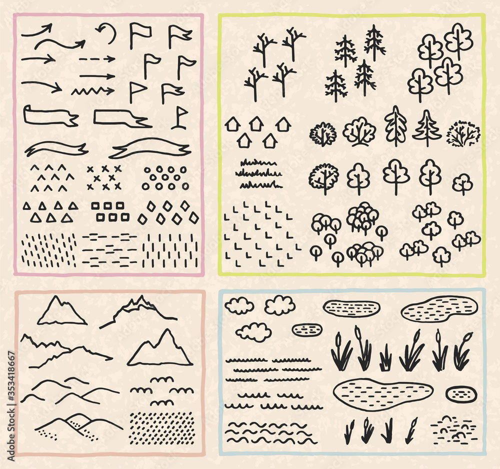 Set with thematic sets of cartographic symbols. Vector illustration ...