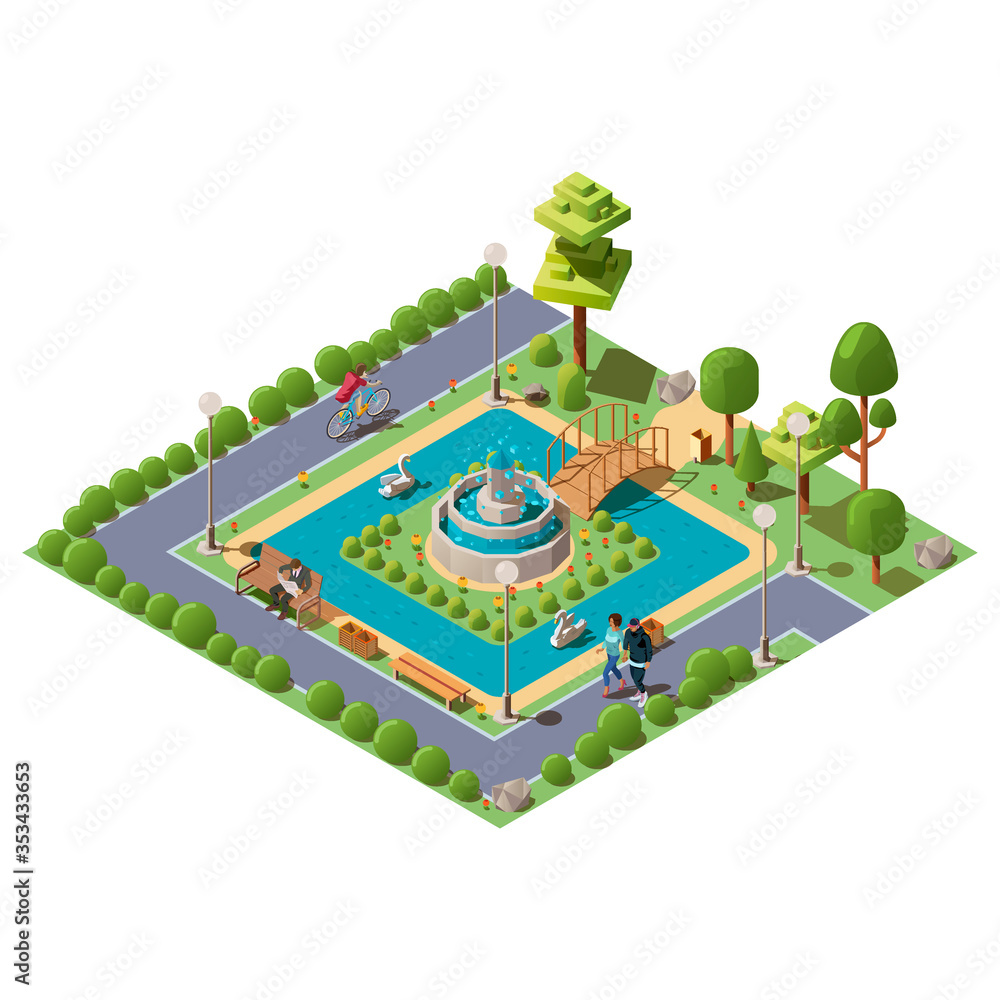 Isometric green city park with people, pond, bridge, plants, benches ...