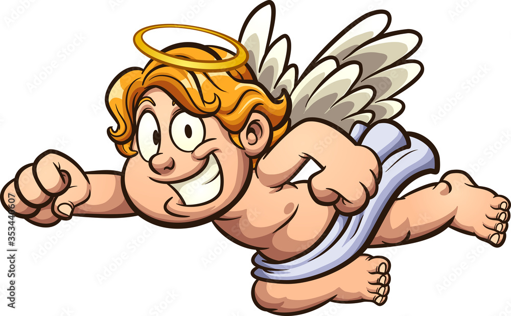 Vetor de Flying cartoon blond cherub with big smile. Vector cartoon ...