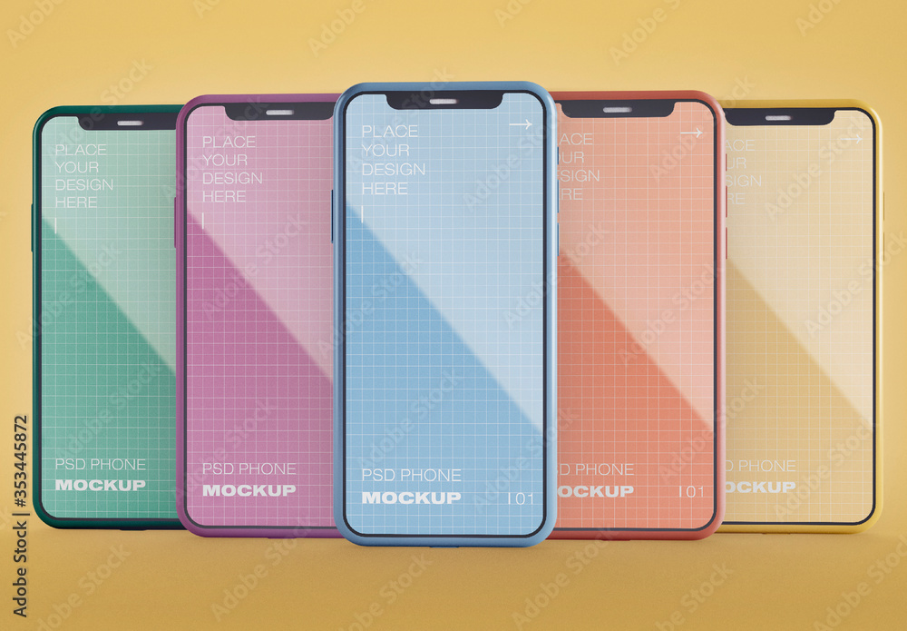 Front View of 5 Smartphones Mockup Stock Template | Adobe Stock