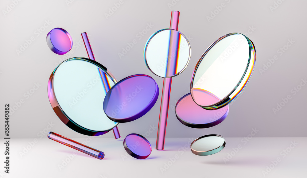 3d render background with flying geometric shapes. Transparent glass ...