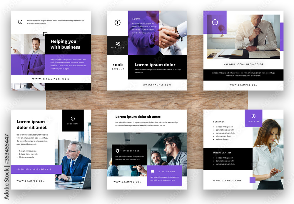 Social Media Post Layout Set with Purple Accents Stock Template | Adobe ...