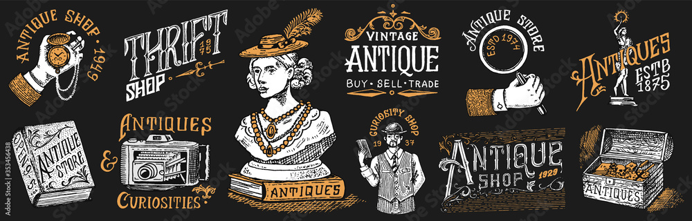 Antique shop labels or badges set. Collection of vintage victorian ...