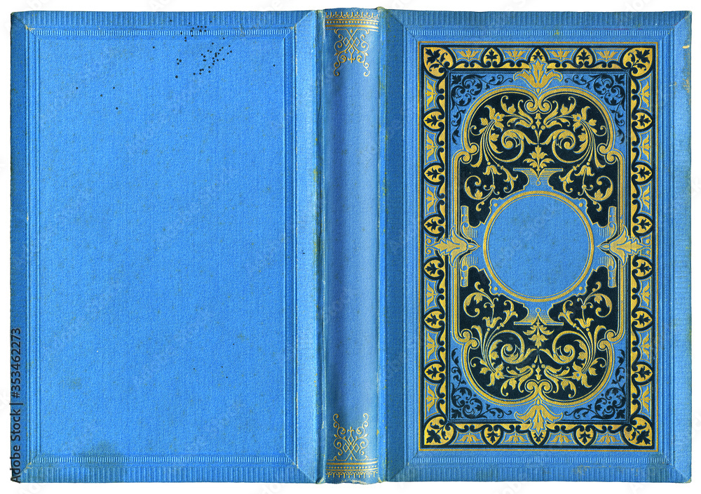 Old open book cover in blue canvas with embossed golden abstract and ...
