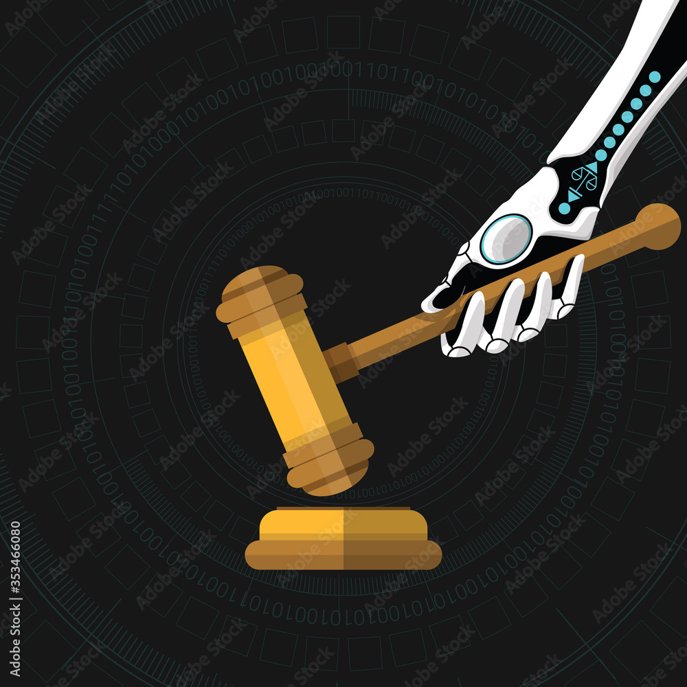 Robot hand with equality scale sign on wrist and judge hammer. Humanoid ...