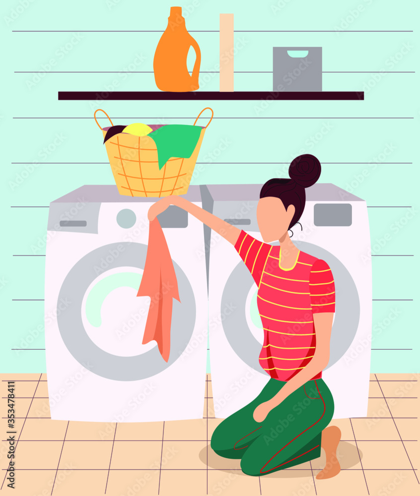 Vector flat illustration. Woman wash dirty clothes Washing machine ...