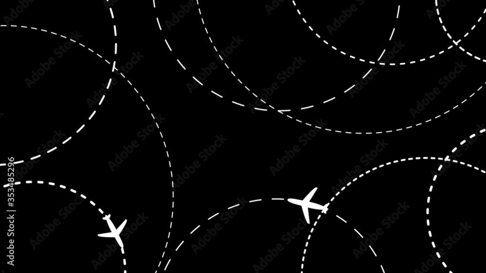 Planes fly along curved dashed lines on a black background. Airplanes ...