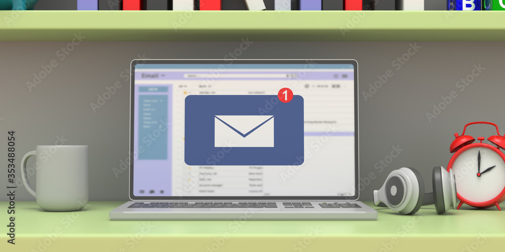 Email message inbox notification on laptop screen, home office ...