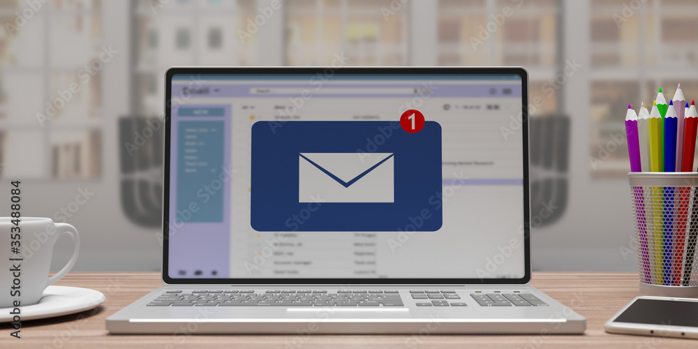 Email message inbox notification on laptop screen, business background ...