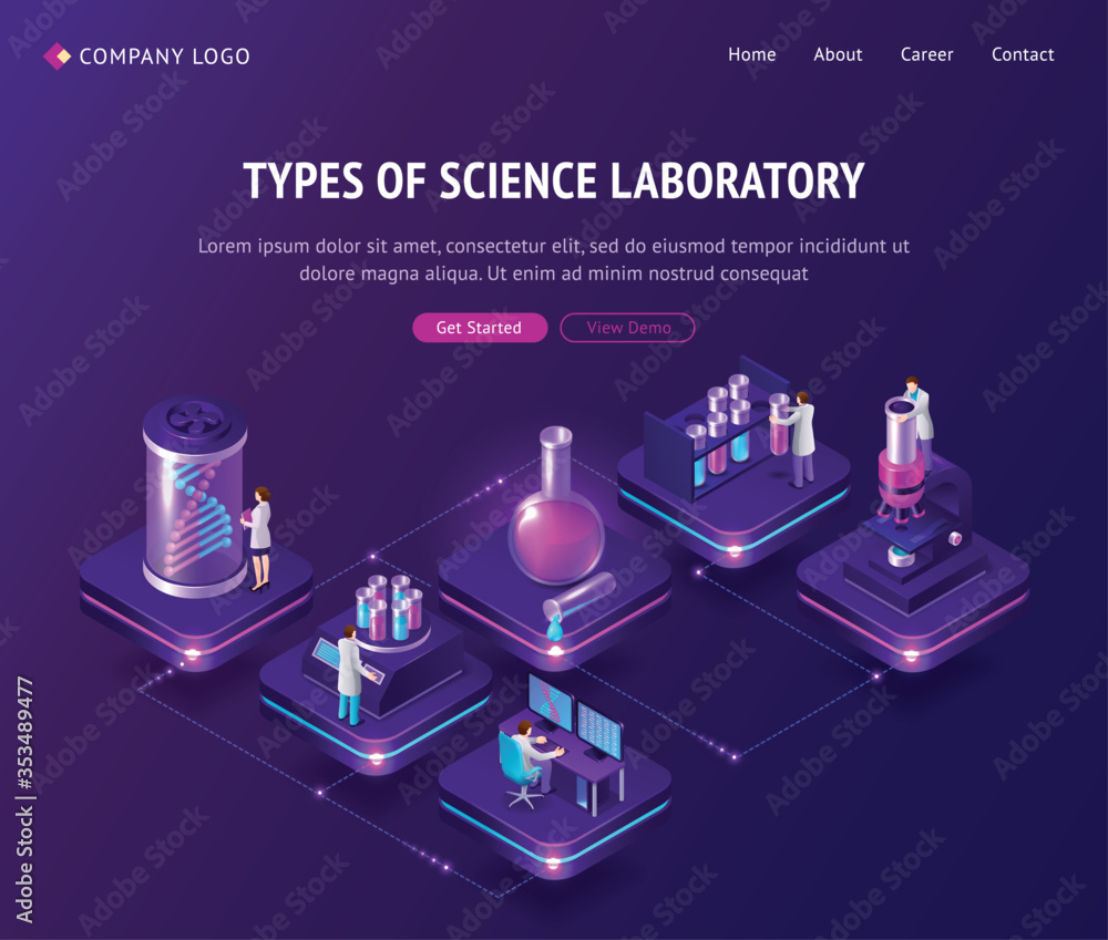 Vaccine development in laboratory isometric landing page, scientists ...