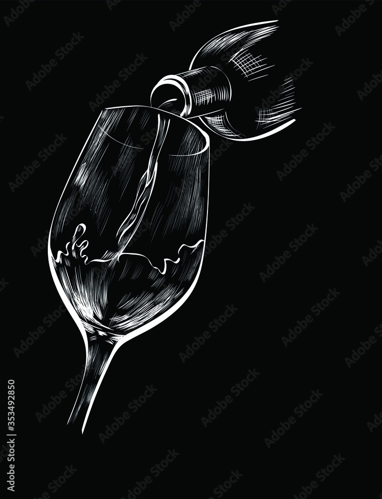 Full glass of wine chalk drink vector isolated on black background ...