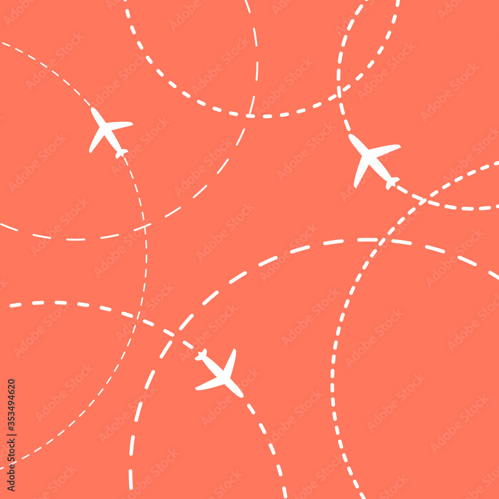 Planes fly along curved dashed lines on a orange background. Airplanes ...