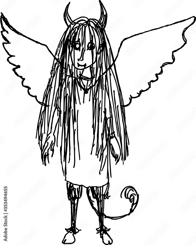 Outline drawing of fictional devil girl with wings Stock Vector | Adobe ...