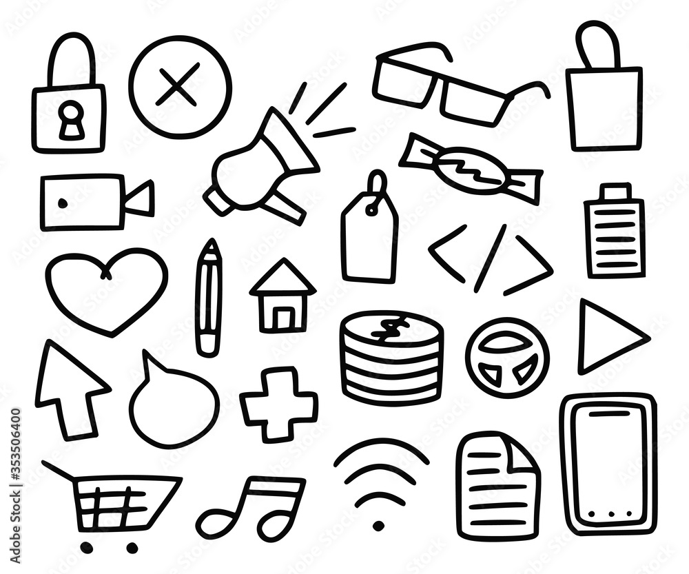 Mega collection of doodle items. Vector set Hand-drawn icons of ...