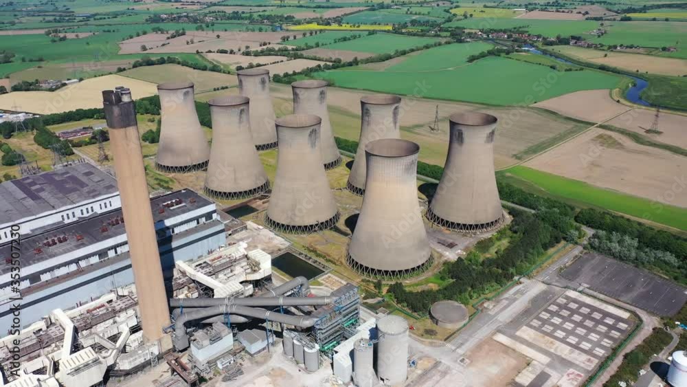 Aerial footage of the Eggborough Power station showing the eight ...