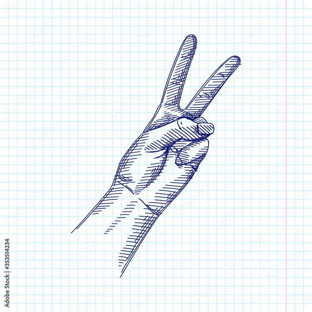 Hand-drawn sketch of The Peace Sign Hand Sign on a white background ...
