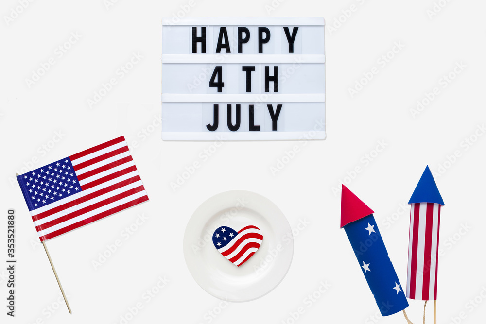American flag, signboard with happy 4th july text, American flag shaped ...