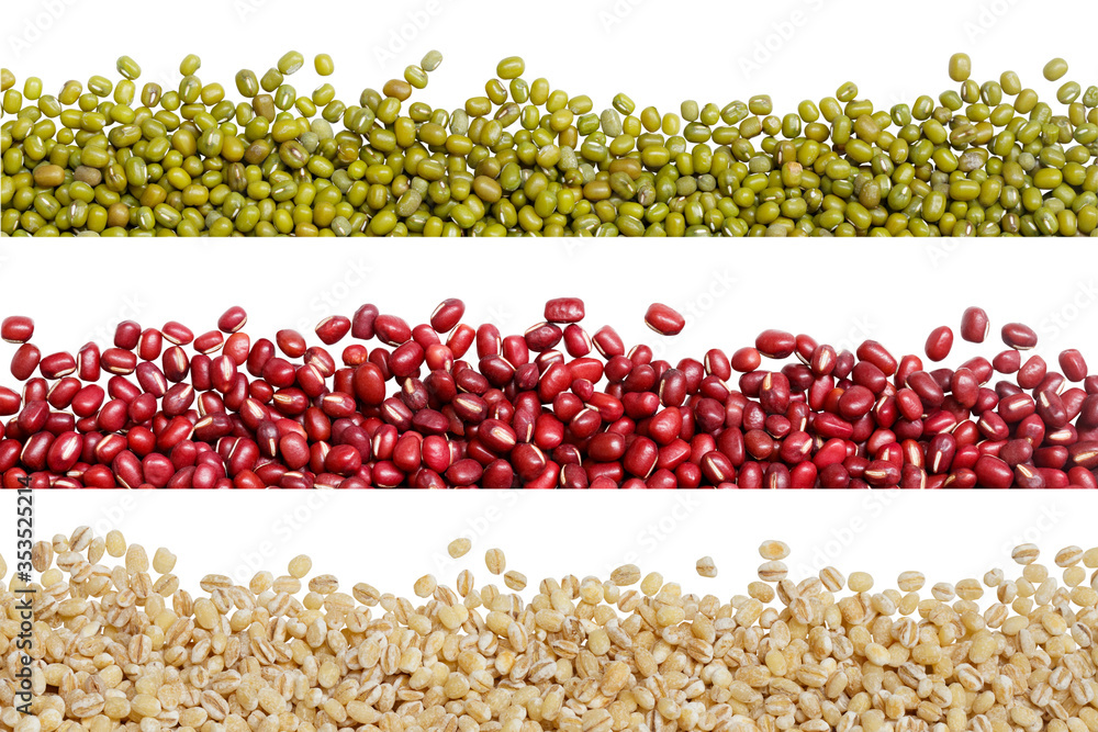 border of mung beans, red beans and barley seeds isolated on white ...