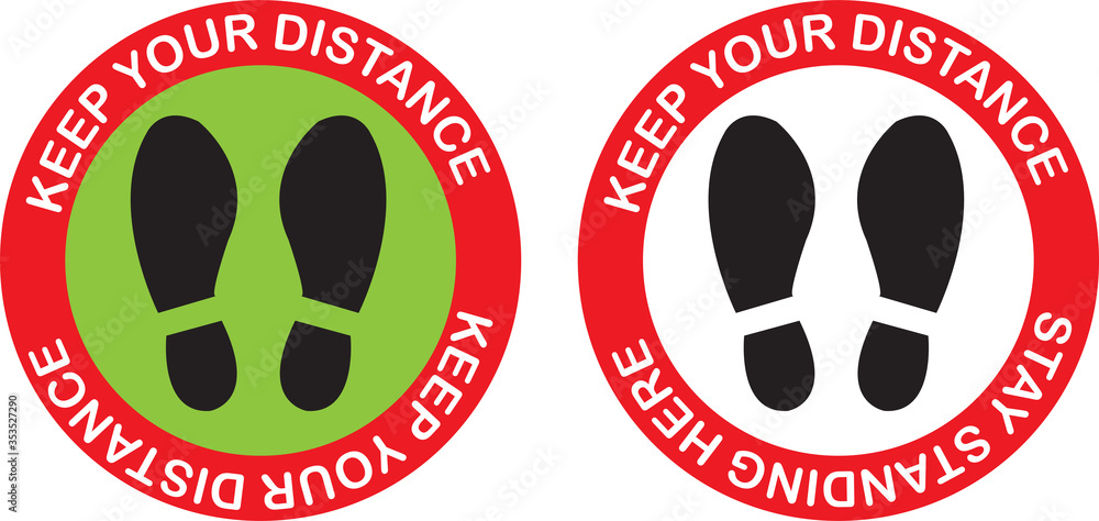Vector red footprint with text keeping your distance, 1 m social ...