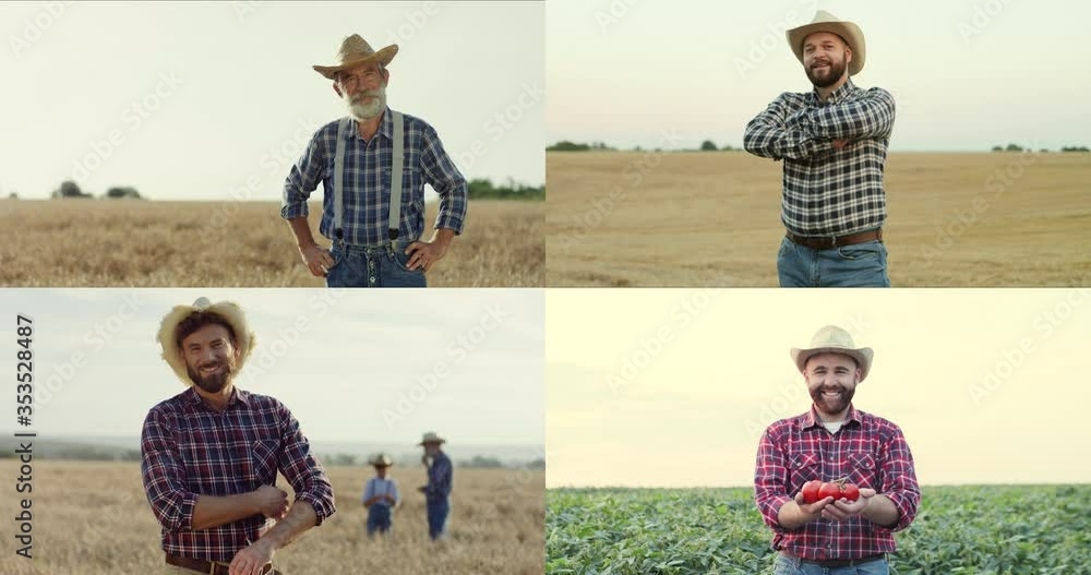 Collage of joyful smiling Caucasian male farmers in hats of different ...