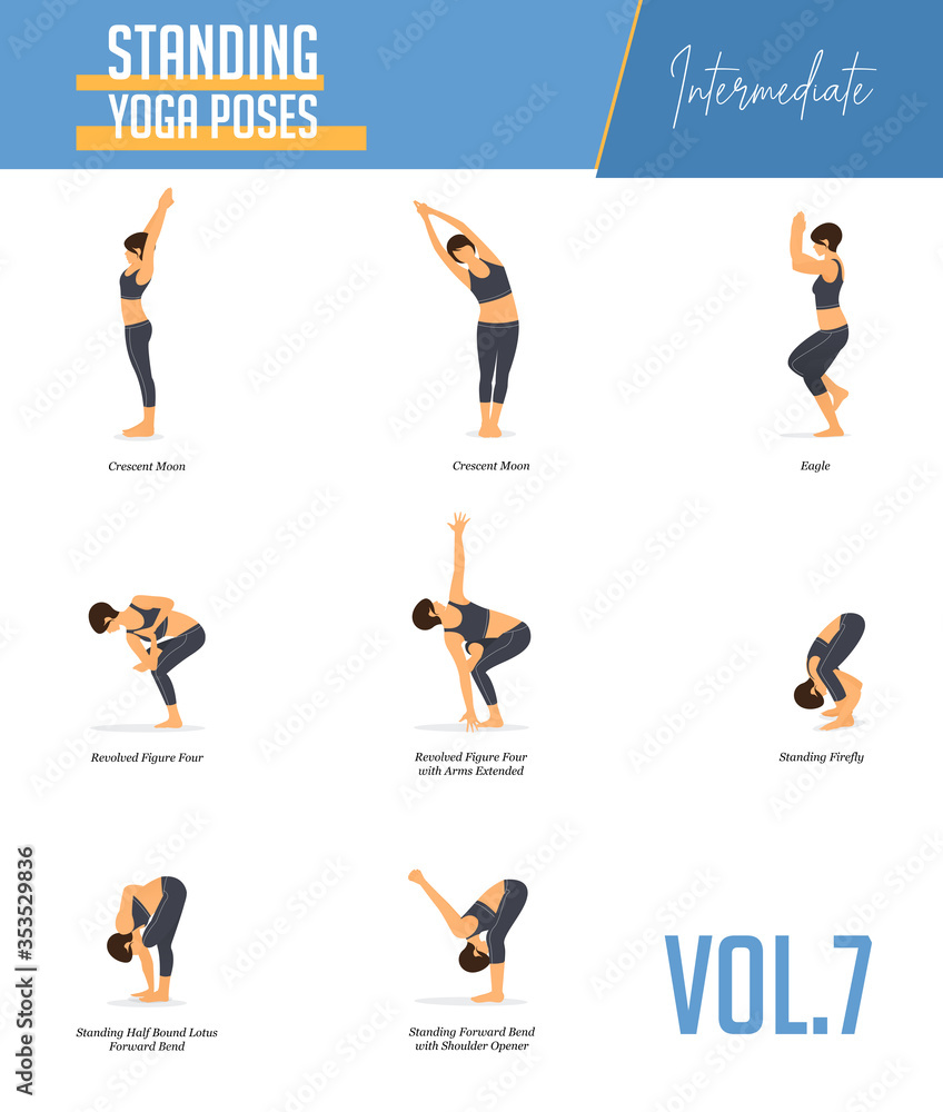 Set of yoga poses for concept balancing, standing poses in flat design ...