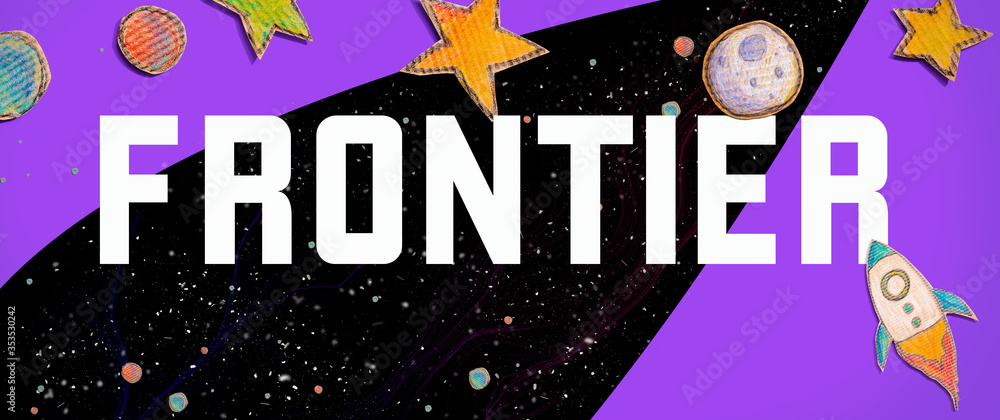Frontier theme with space background with a rocket, moon, stars and ...