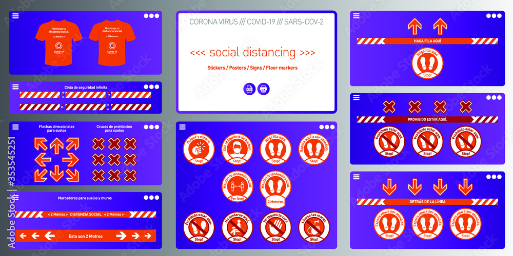 Social distancing, set of Stickers, Posters, Signs, Floor markers for ...