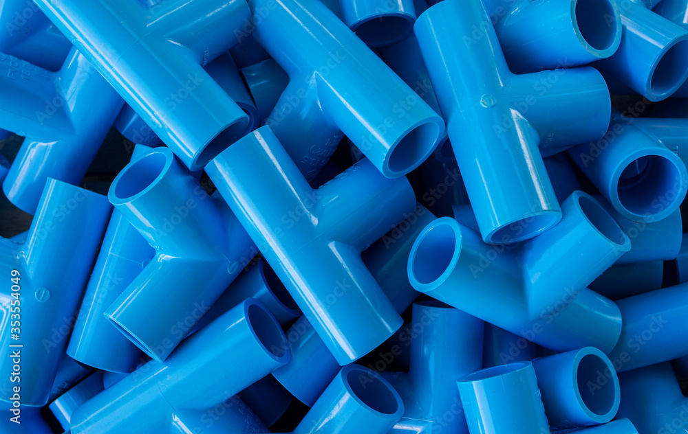 Blue PVC pipe set, separate on a white background, blue plastic water ...