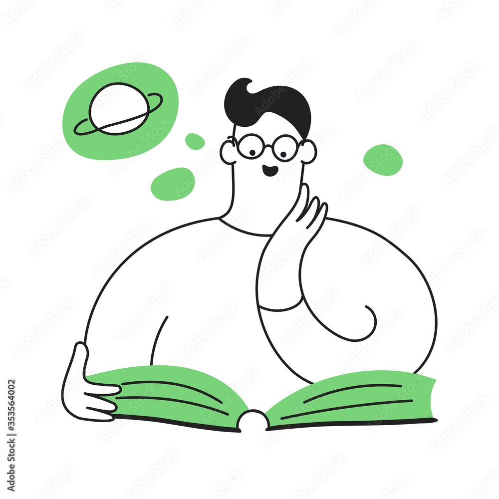 Cute cartoon guy with glasses reading the book. Above his head is a ...