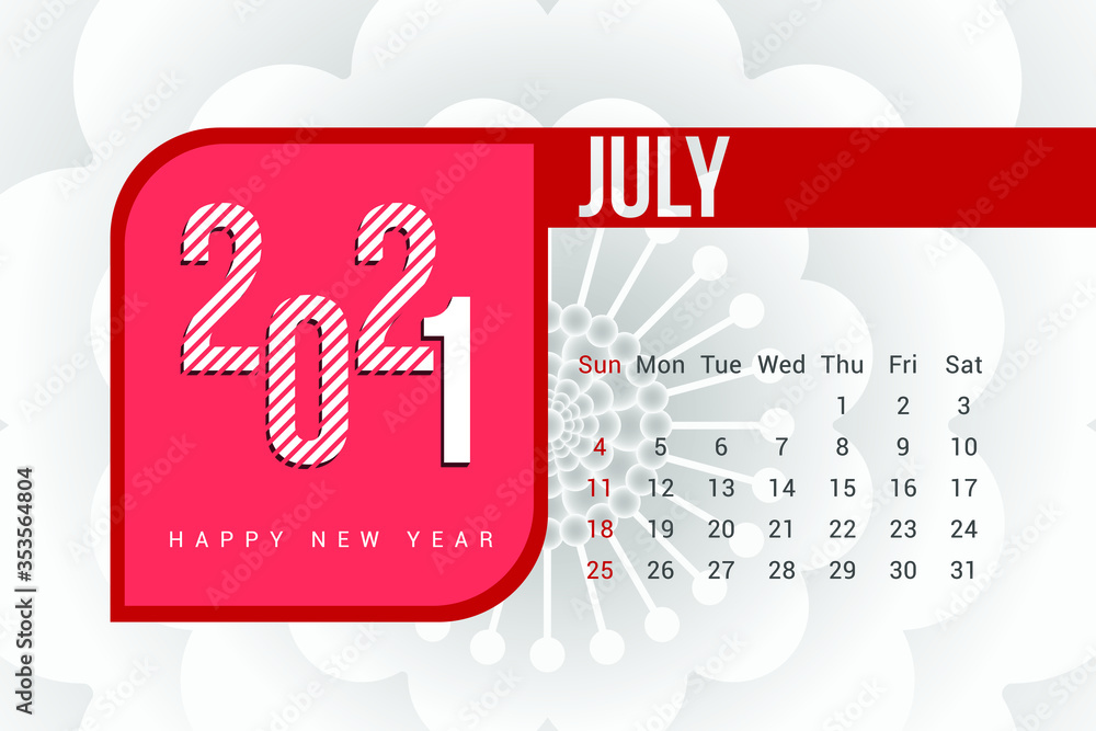 July 2021 Calendar Template Design with white Background. Week starts ...