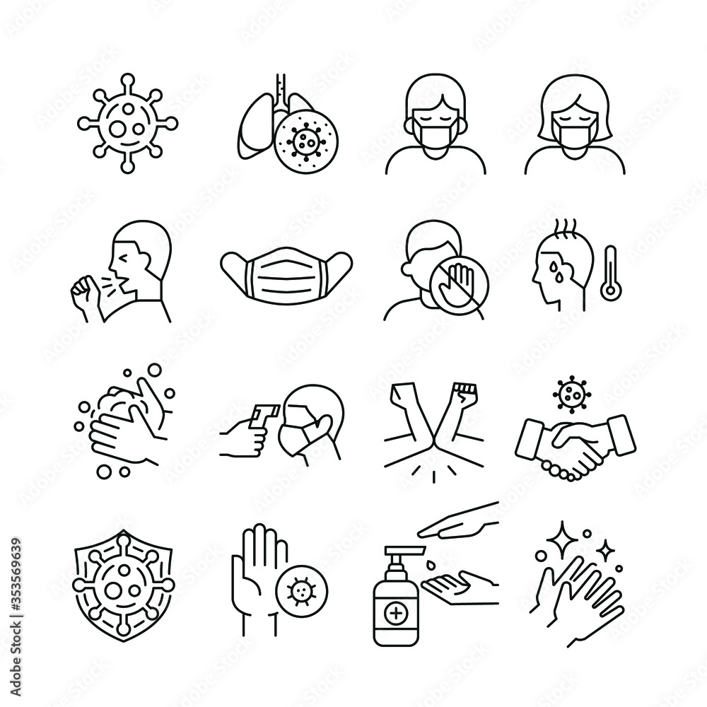 Coronavirus symptoms & precautions sign. mask, fever body check gun ...