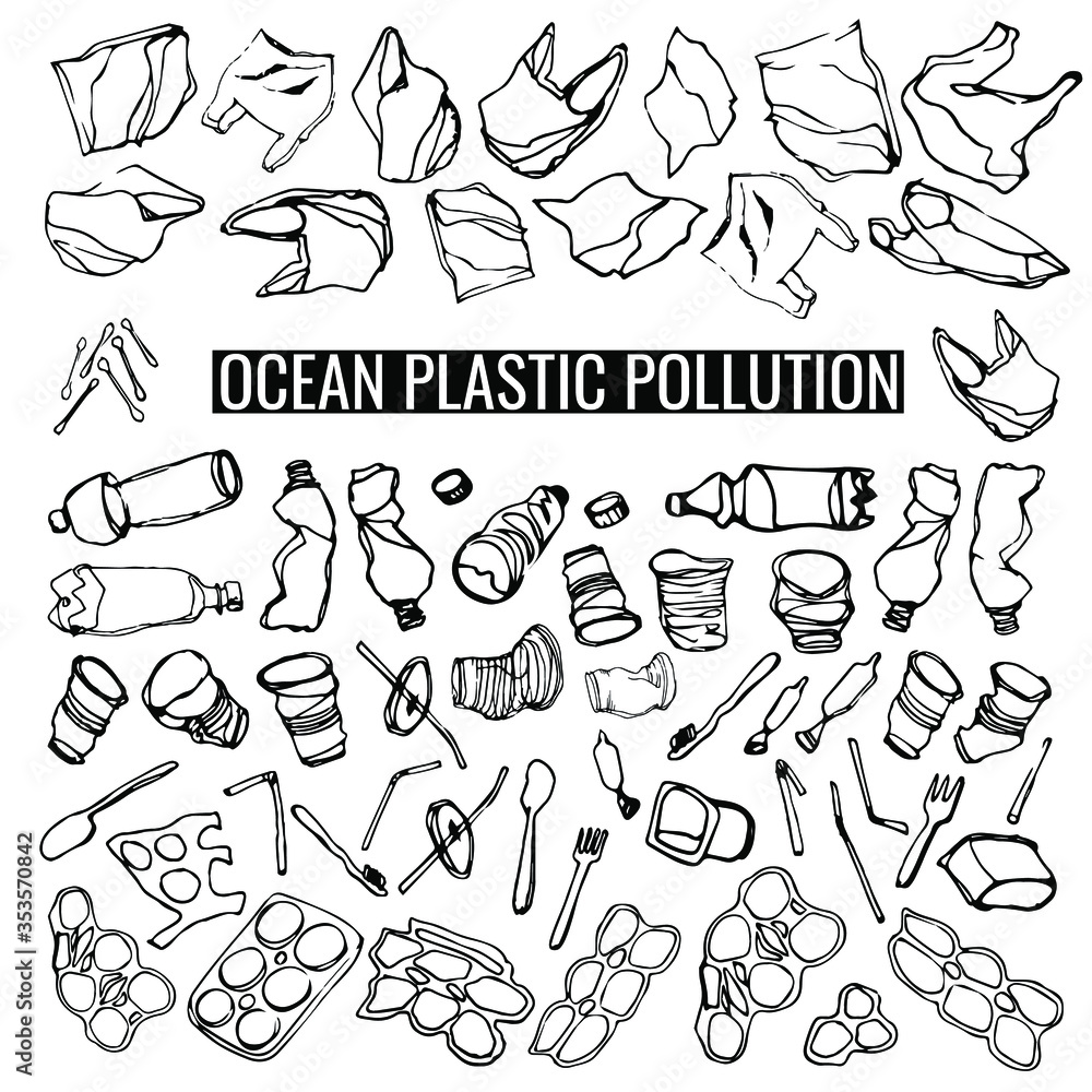 vector hand-drawn linear set on the theme of "ocean plastic pollution ...