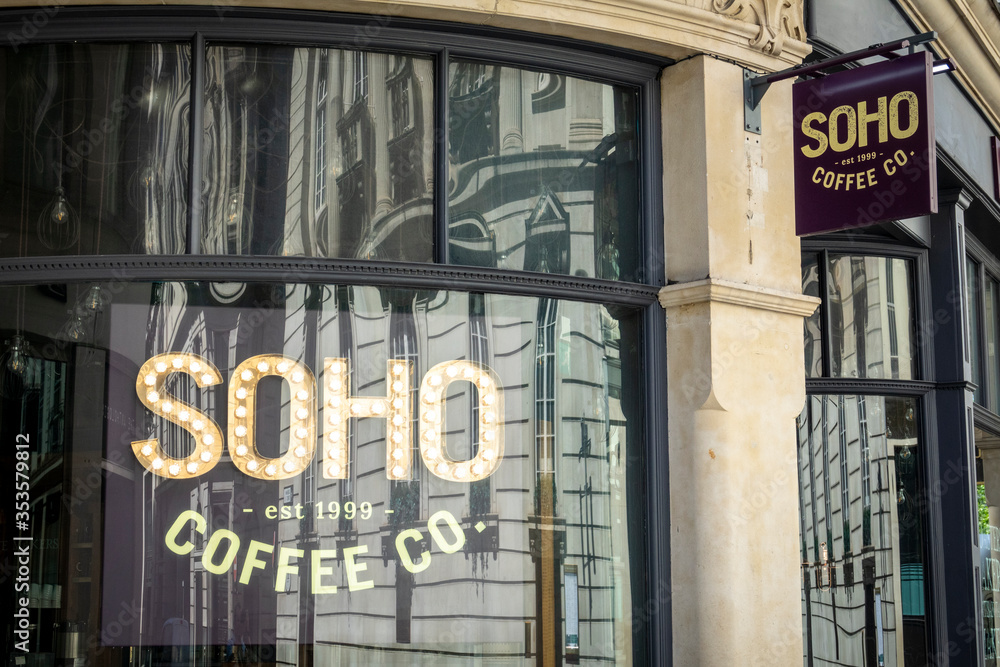 LONDON- Soho Coffee Co exterior signage- a British chain of high street ...
