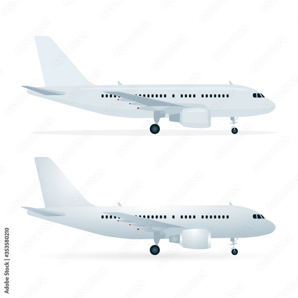 Aircraft side view. Realistic passenger planes vector illustrations set ...