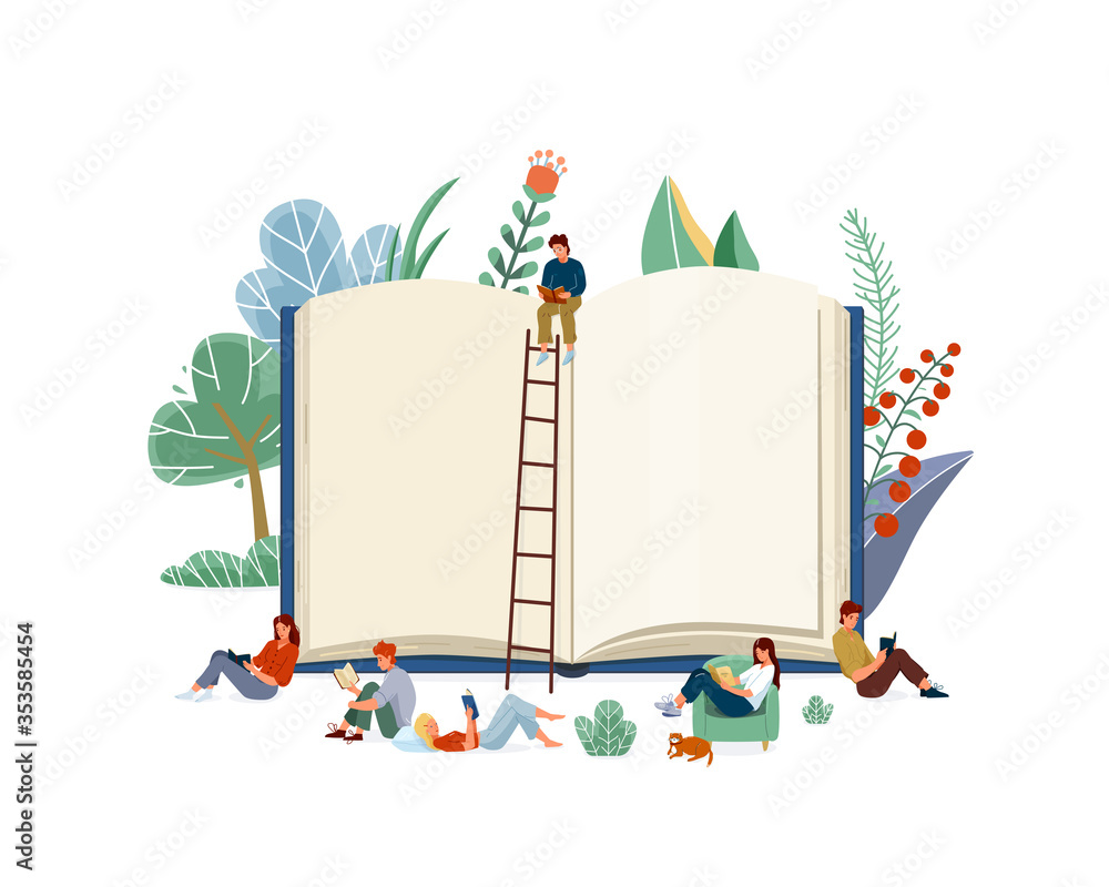 Books reading concept vector illustration. Little boys and girl read ...