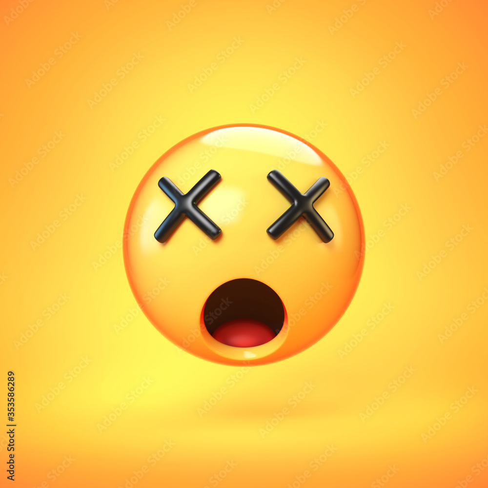 Dead face emoji isolated on yellow background, cross eyes emoticon 3d ...