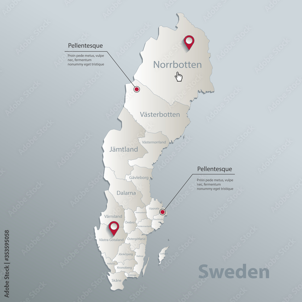 Sweden map, administrative division with names, blue white card paper ...