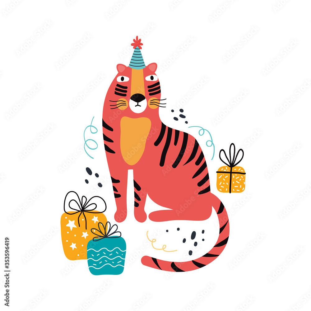 Tiger birthday with gifts. Exotic cat on holiday. Hand drawn cute ...