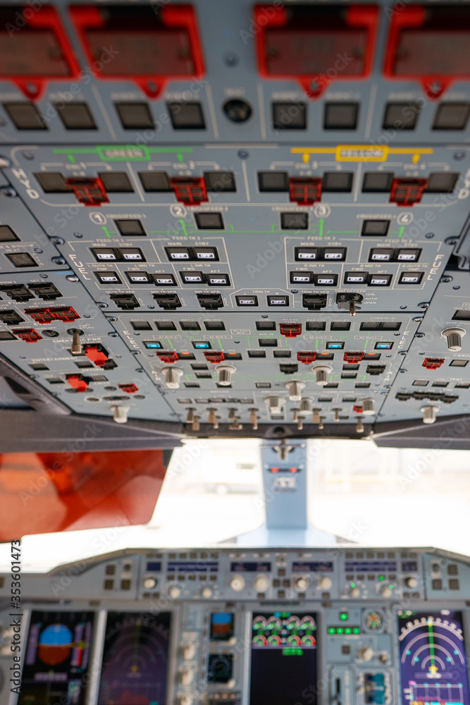 HONG KONG - CIRCA NOVEMBER, 2016: cockpit of Emirates Airbus A380. The ...