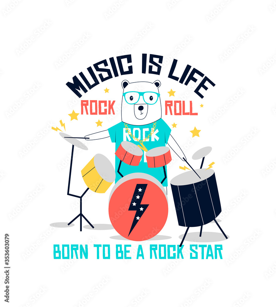 Hand drawing rock and roll elements and bear with slogans. Vector ...