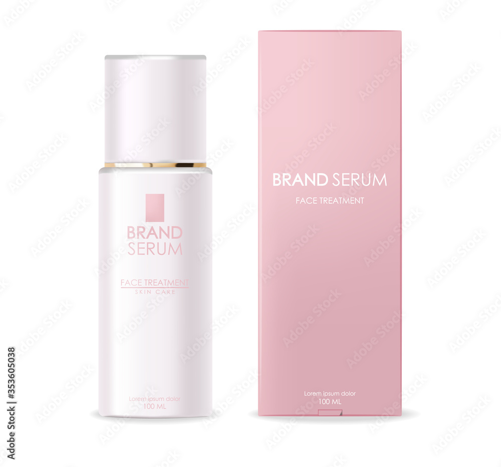 Realistic cosmetics, white bottle, pink box packaging mockup, skin care ...
