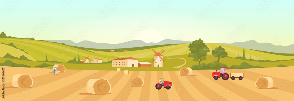 Farmland flat color vector illustration. Village 2D cartoon landscape ...