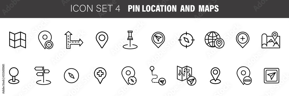 Maps pin and location icon set. Collection of outline technology ...